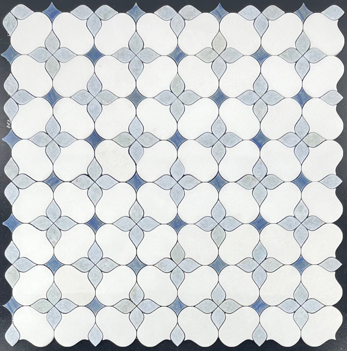 White Thassos Silhouette with Blue Celeste and Azul Macauba Mosaic Pol ...