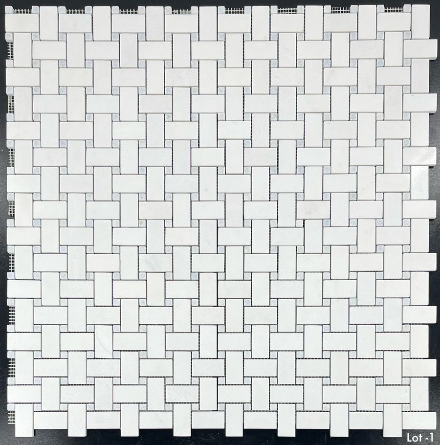 White Thassos Basketweave with 3/8" Blue Celeste Dot Mosaic Polished ...
