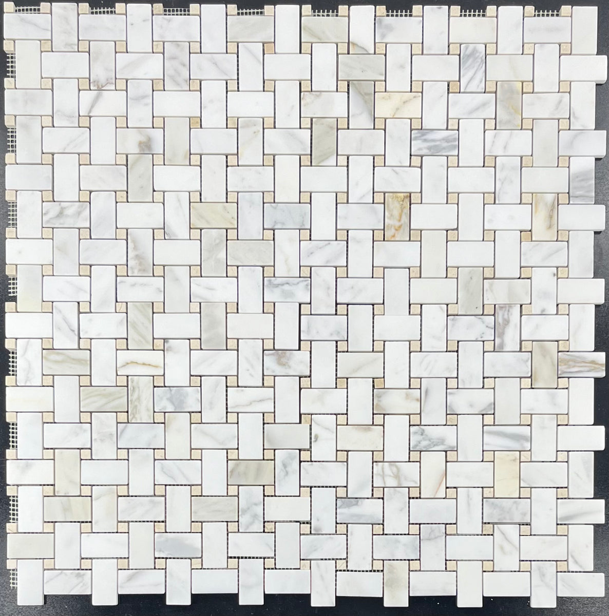 Calacatta Gold Basketweave with 3/8" Crema Marfil Dot Mosaic Honed ...