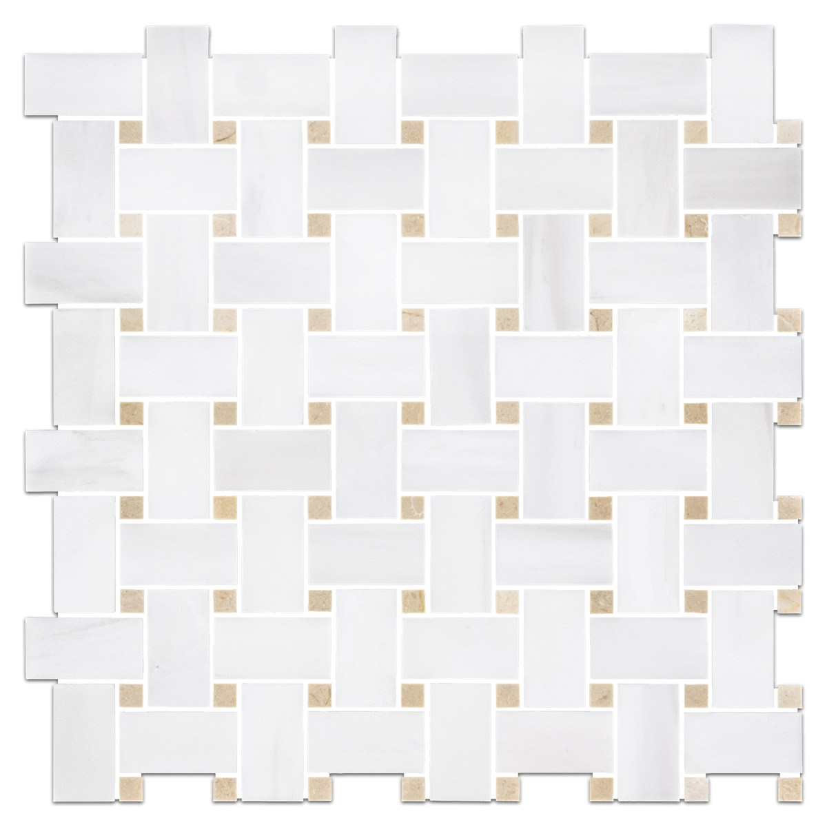 Dolomite Basketweave with 3/8" Crema Marfil Dot Mosaic Honed – Elon ...