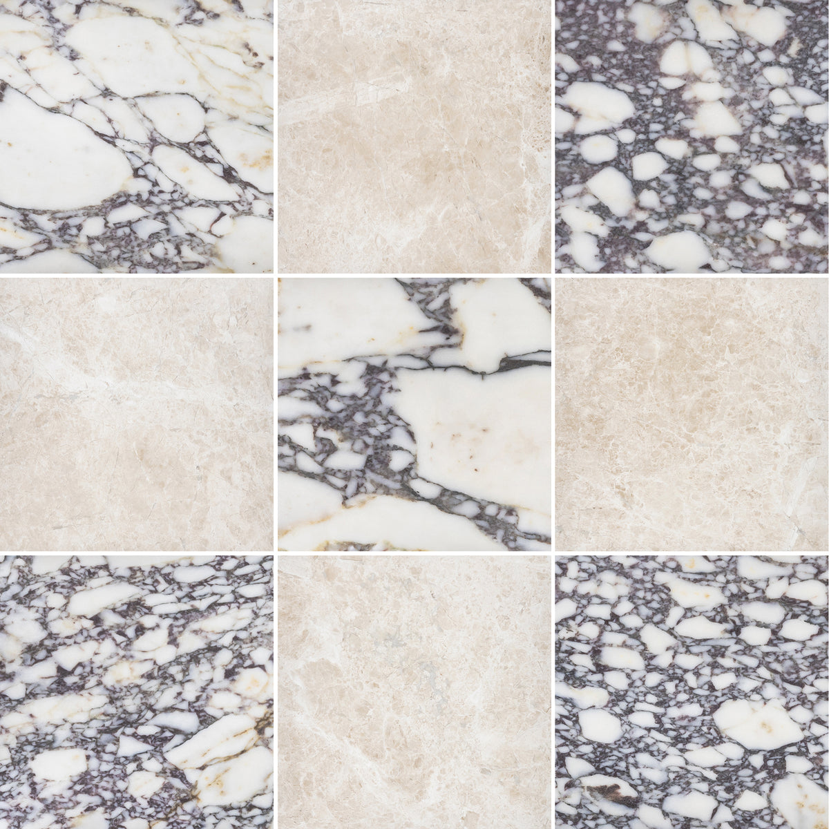 Bianco Violetta & Vanilla Royale 12" Checkerboard Honed – Elon Tile & Stone