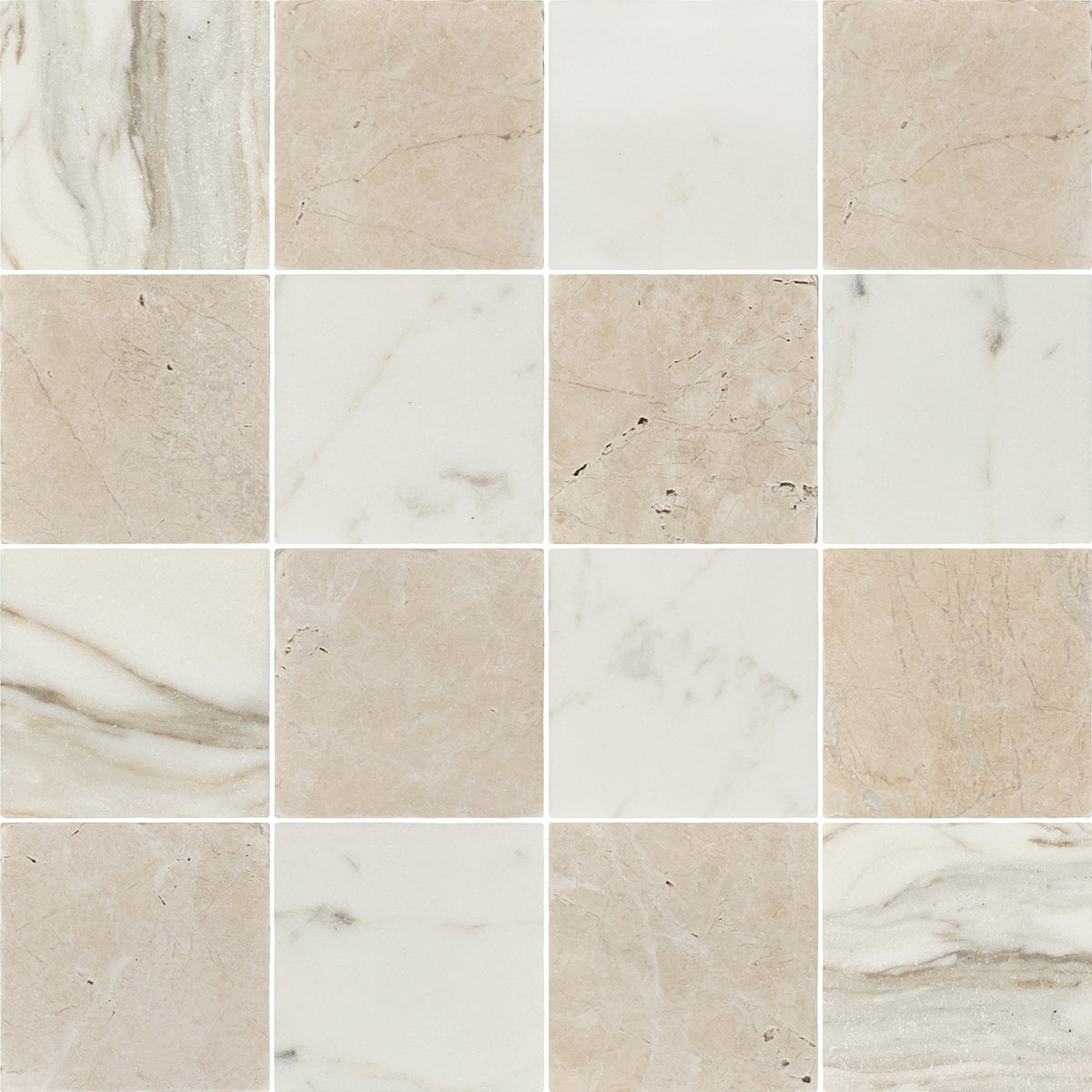 Calacatta Gold & Vanilla Royale 4" Checkerboard Tumbled – Elon Tile & Stone
