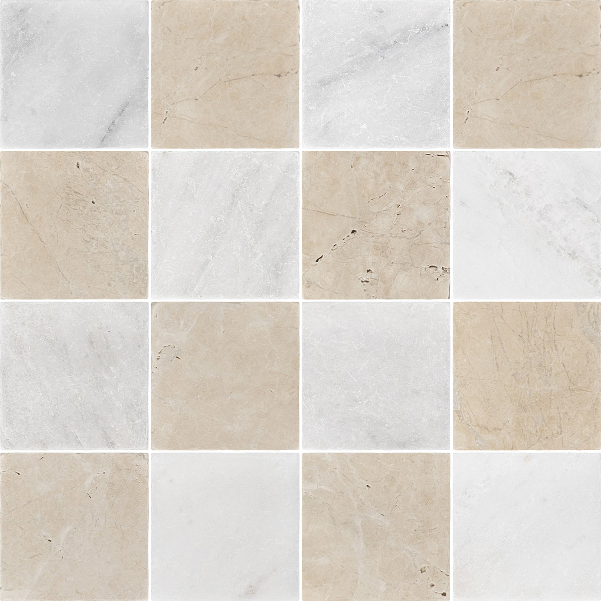 Pearl White & Vanilla Royale 4" Checkerboard Tumbled – Elon Tile & Stone