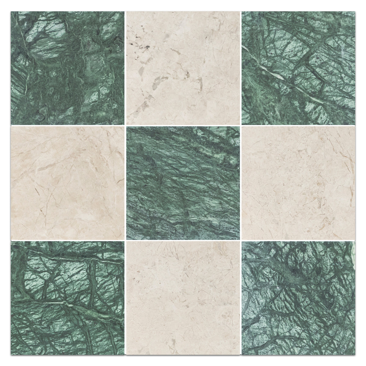 Notte Verde 4" x 4" Honed & Vanilla Royale 4" x 4" Honed Checkerboard ...